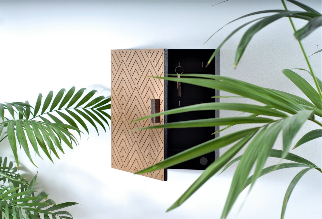 Key Cabinet, Key Box, Walnut Mosaic, Modern Pattern, Geometric, Black ...