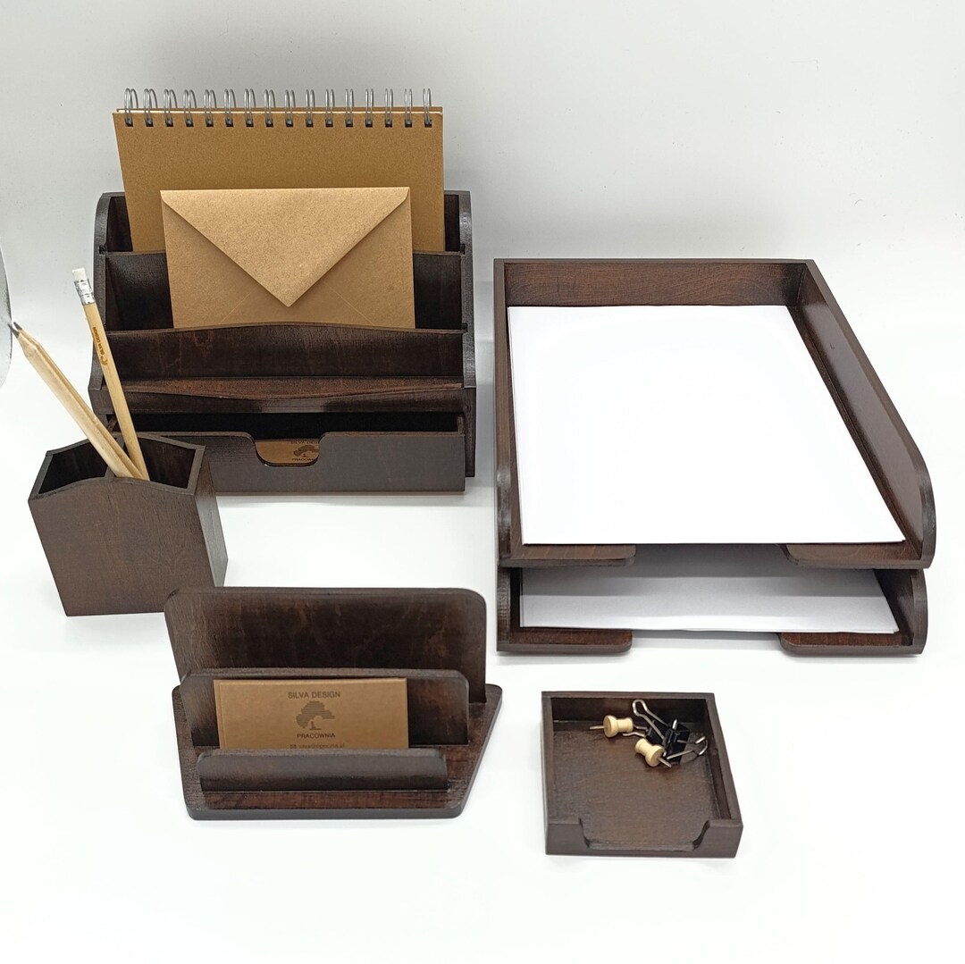 Set of Wooden Desk Organizers, 6 Elements, Dark Brown - Etsy