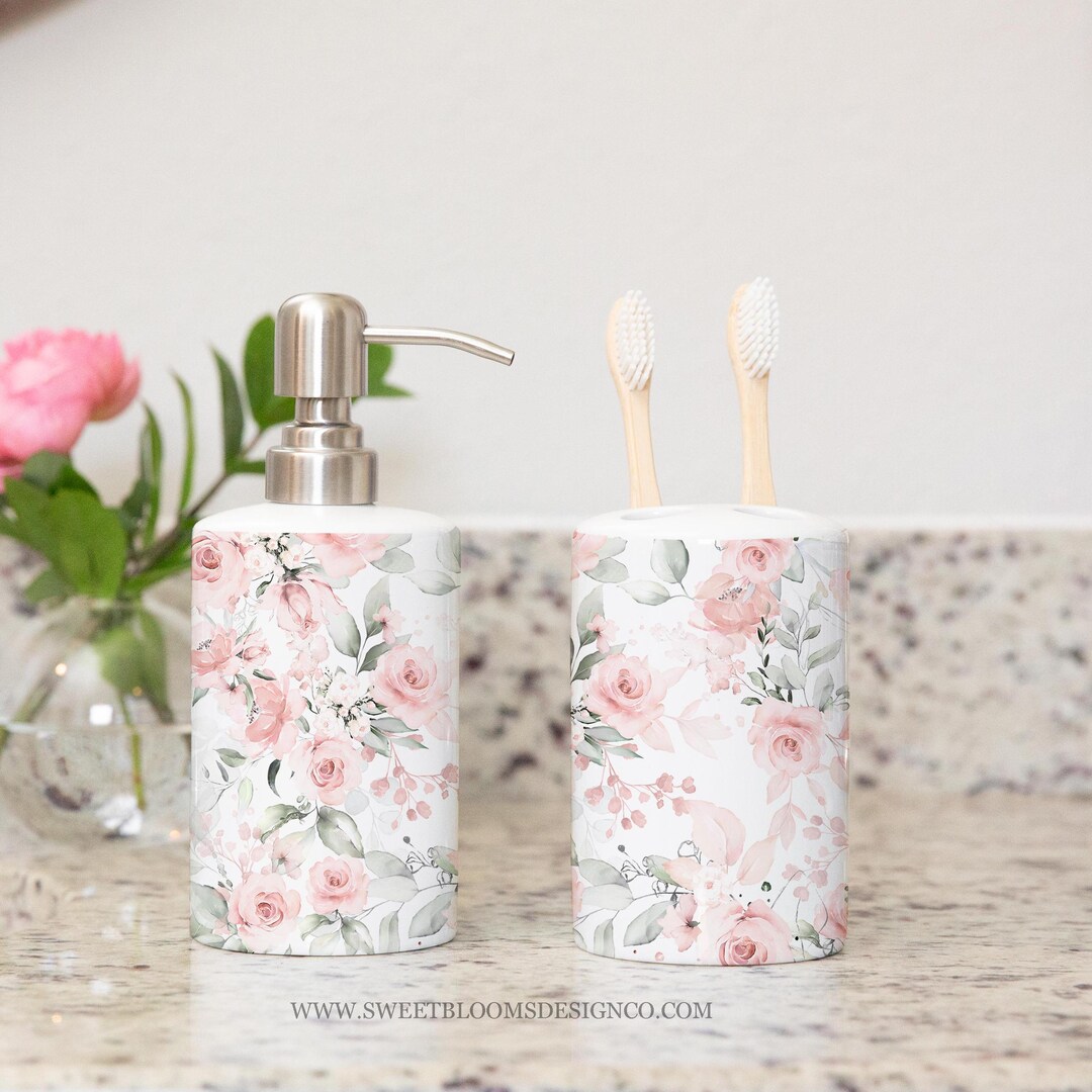 Pink Floral Toothbrush Holder Soap Dispenser, Roses Bathroom Set, Blush ...