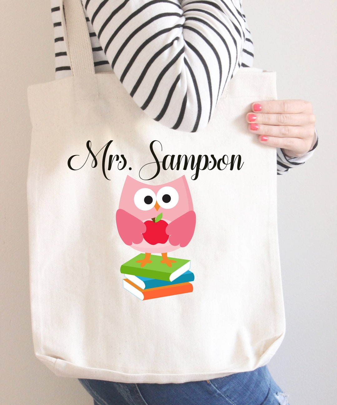 Teacher Tote Bag Personalized Name Birthday Gift Owl Books Apple ...