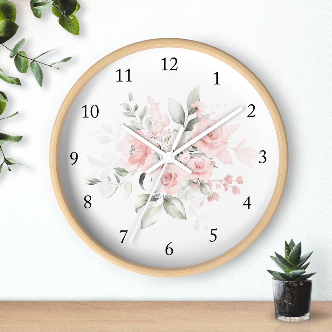 Floral Wall Clock, Blush Pink Watercolor Flowers Nursery Wall Clock ...