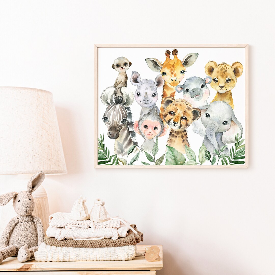 Safari Animals Nursery Wall Art Prints, Watercolor Jungle Animals Green ...