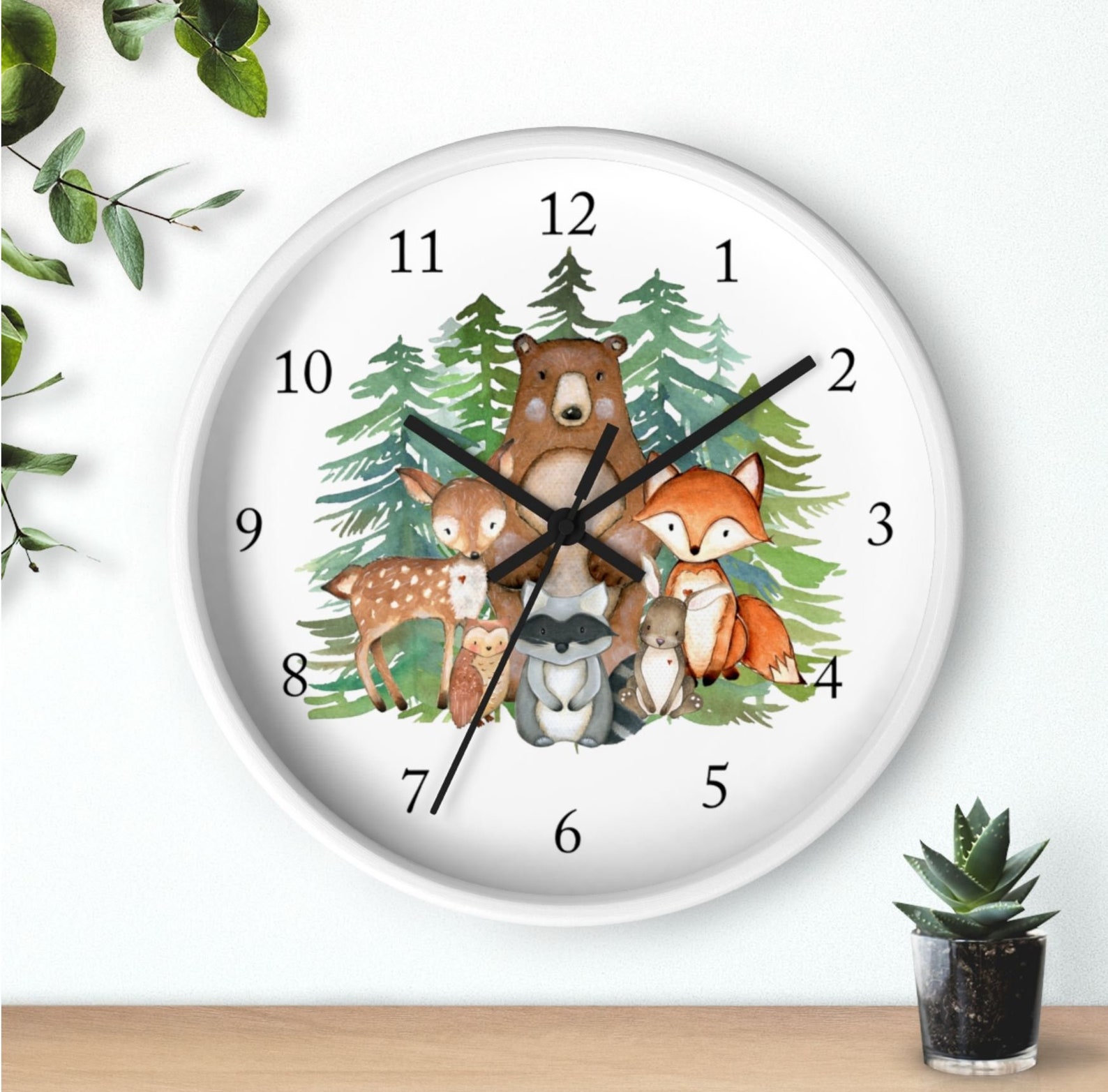 Woodland Animals Wall Clock Watercolor Evergreens Pine Trees - Etsy