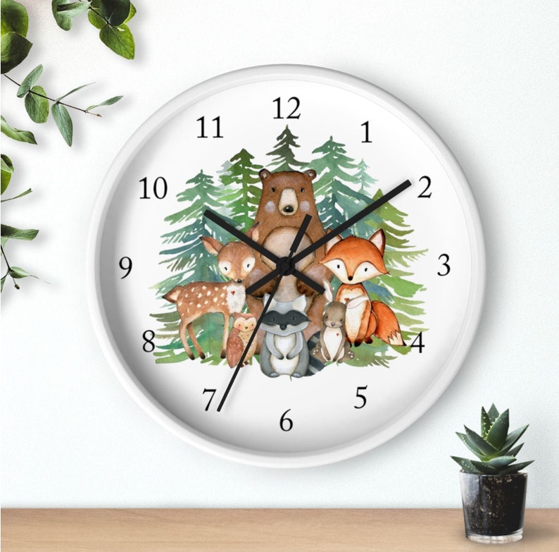 Woodland Animals Wall Clock Watercolor Evergreens Pine Trees | Etsy