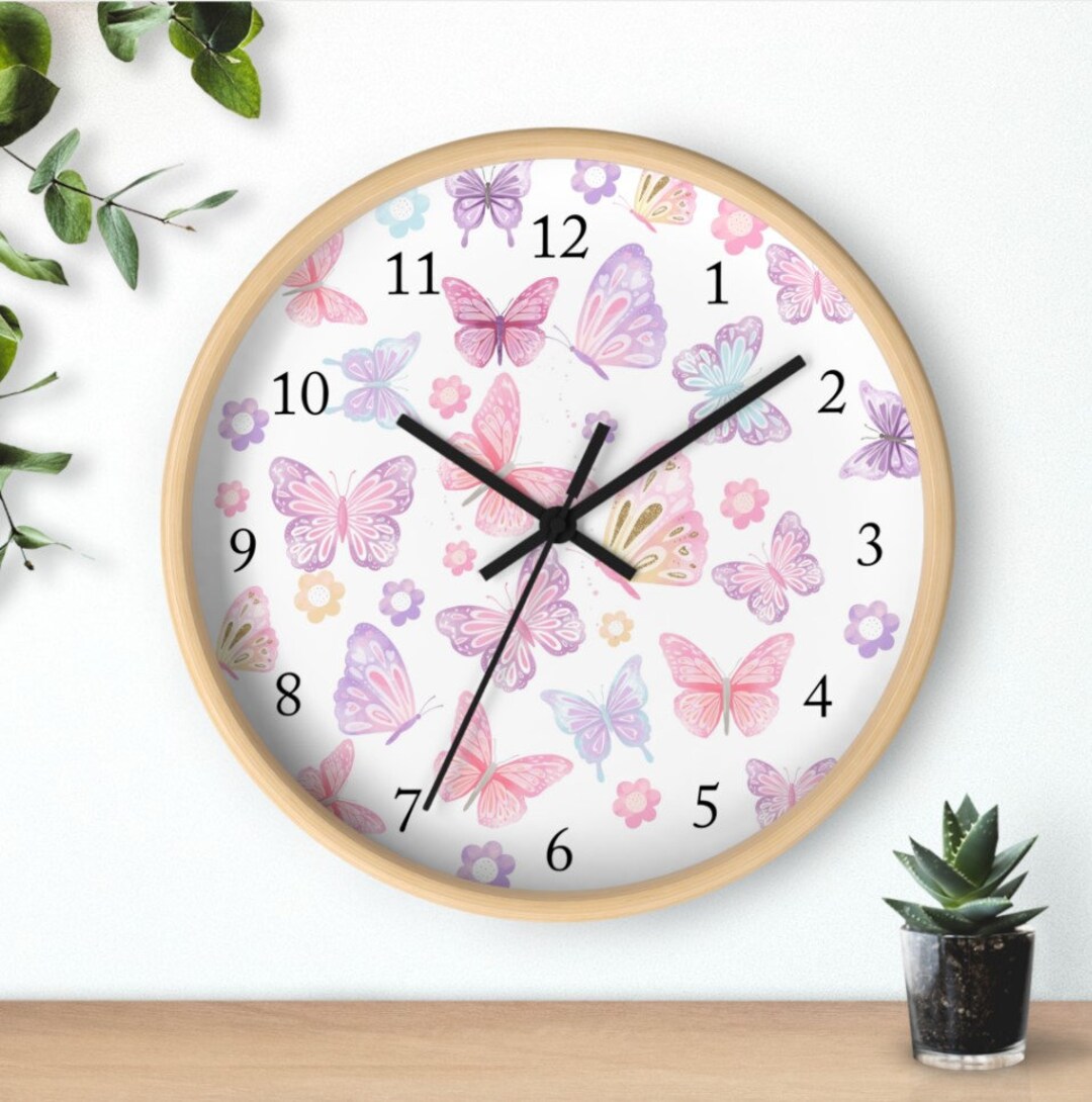Butterflies Wall Clock, Pink Purple Butterfly Nursery Wall Clock, Girl ...