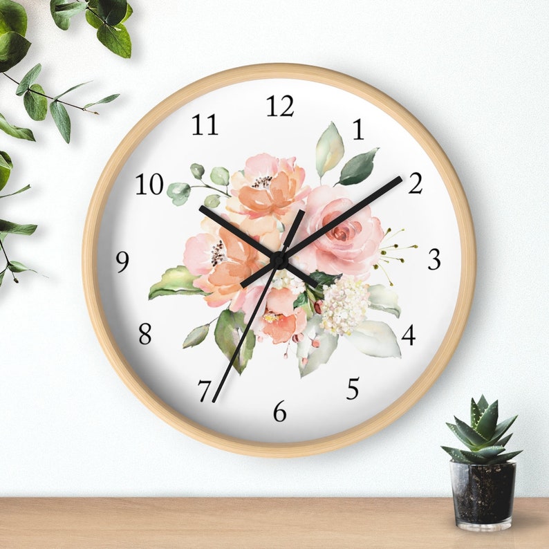 Floral Wall Clock, Peach Blush Pink Watercolor Flowers Nursery Wall ...