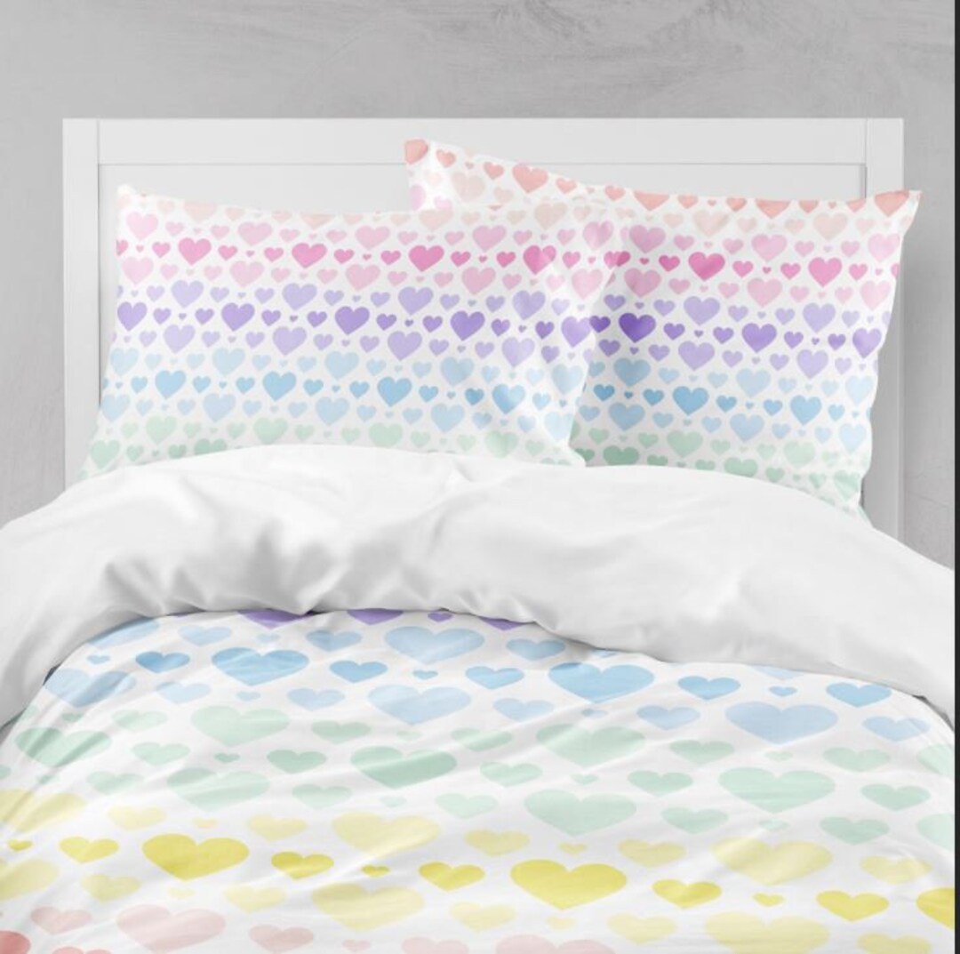 Rainbow Hearts Kids Comforter Set Pastel Hearts Pink Purple Teal Green ...