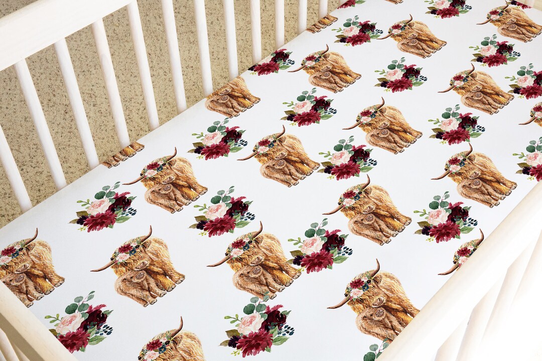 Highland Cow Foral Nursery Fitted Sheet, Red Blush Pink Blue Maroon ...