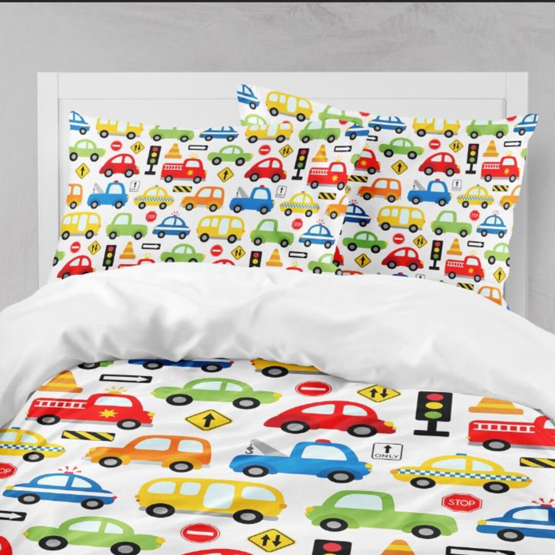 Transportation Kids Comforter Bedding Set, Cars Fire Trucks Stop Sign ...