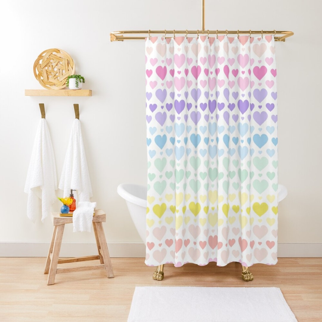 Rainbow Hearts Kids Shower Curtain Pastel Purple Pink Teal Blue Yellow Green Baby Girl Bathroom Decor Bath Mat S164 Etsy