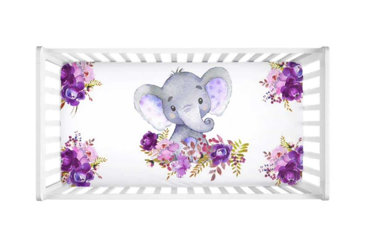 Elephant Purple Watercolor Floral Baby Girl Nursery Bedding Set:fitted ...