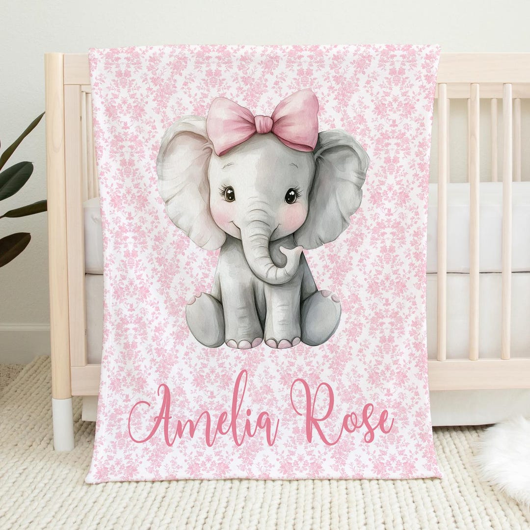 Elephant Pink Bows Name Blanket, Personalized Pink Toile Coquette Bow ...