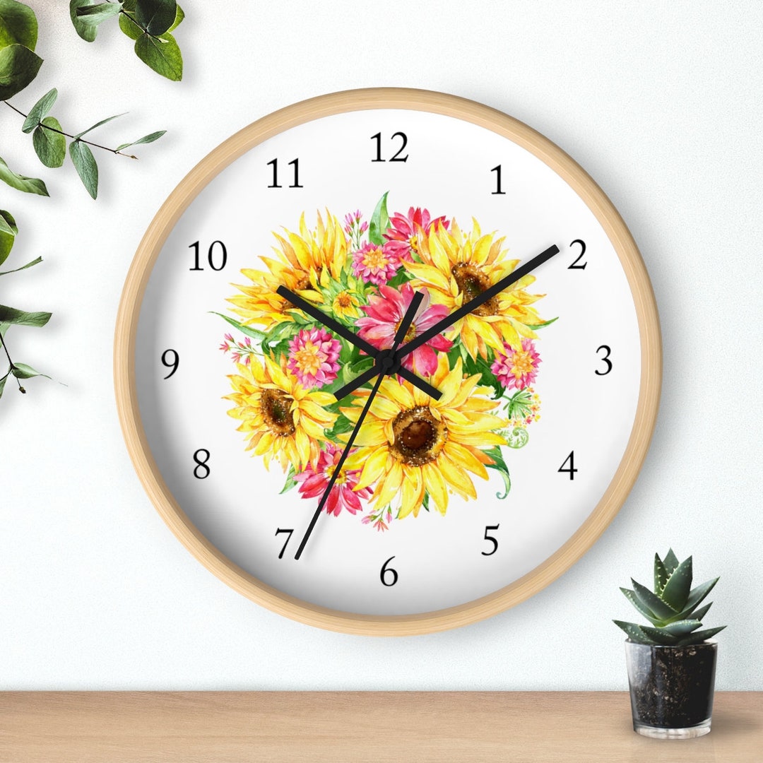 Sunflowers Floral Wall Clock, Watercolor Yellow Pink Sunflowers Nursery ...