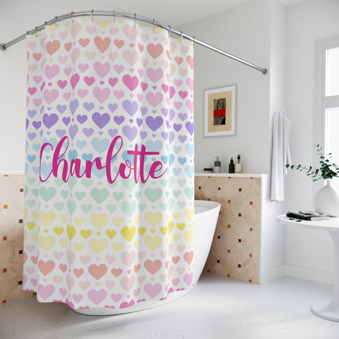 Rainbow Hearts Kids Shower Curtain Pastel Purple Pink Teal Blue Yellow ...