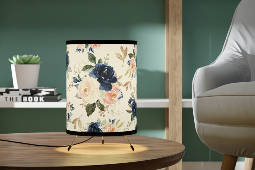 Navy Blush Pink Floral Table Lamp, Watercolor Navy Pink Gild Flowers ...