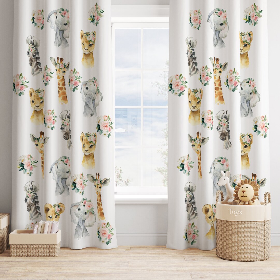 Safari Animals Blush Pink Floral Nursery Window Curtains, Watercolor ...