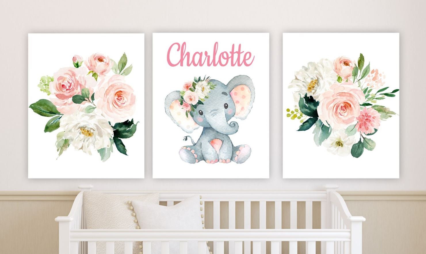 Elephant Blush Pink Watercolor Floral Baby Girl Nursery Decor ...
