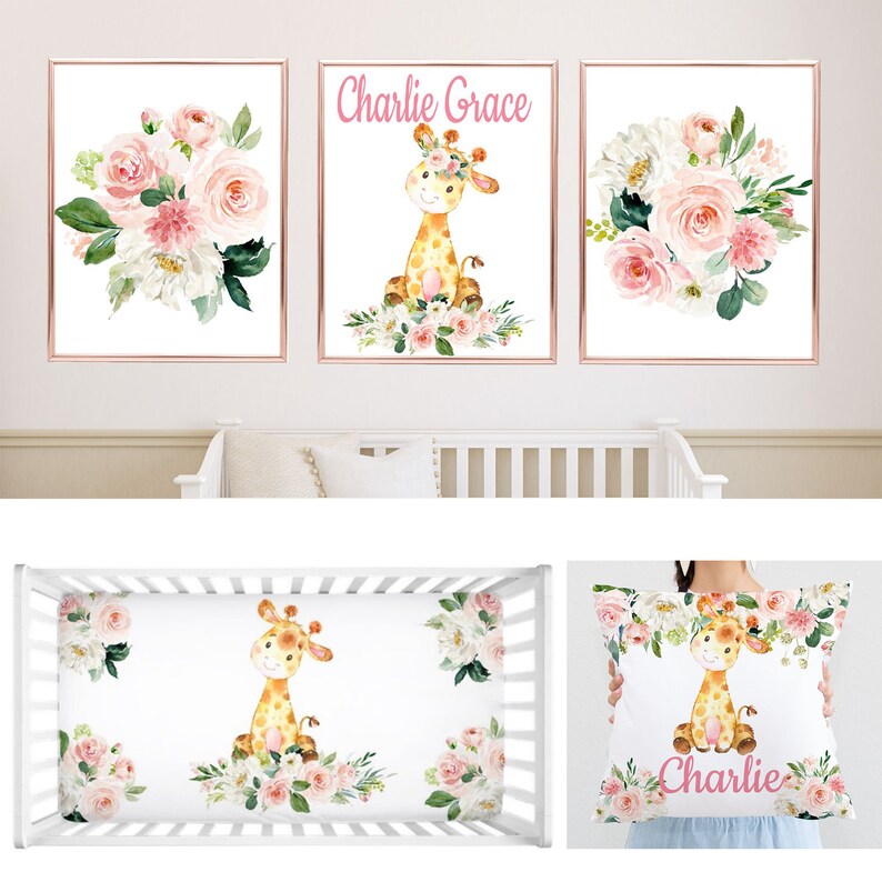 Giraffe Blush Pink Watercolor Floral Girl Nursery Decor Baby - Etsy