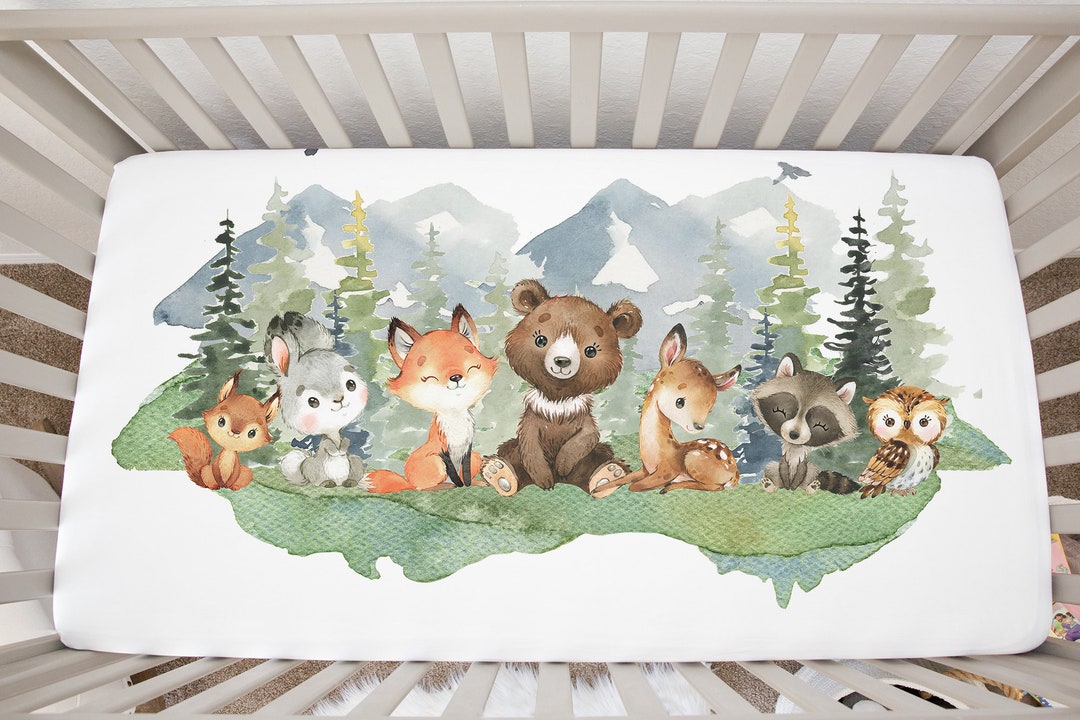 Woodland Animals Crib Sheet, Mountains Evergreens Pine Trees Forest ...