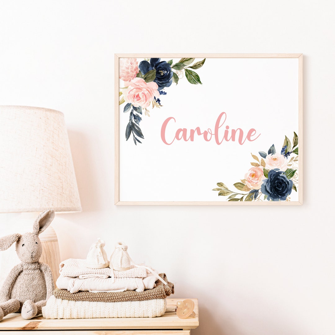 Navy Blush Pink Floral Name Wall Art Print, Personalized Watercolor ...