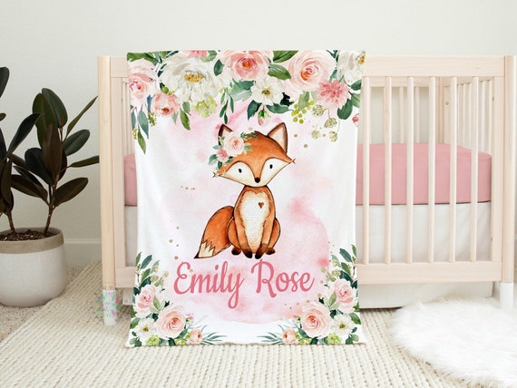 Fox Floral Baby Girl Blanket Blush Pink Flowers Personalized - Etsy