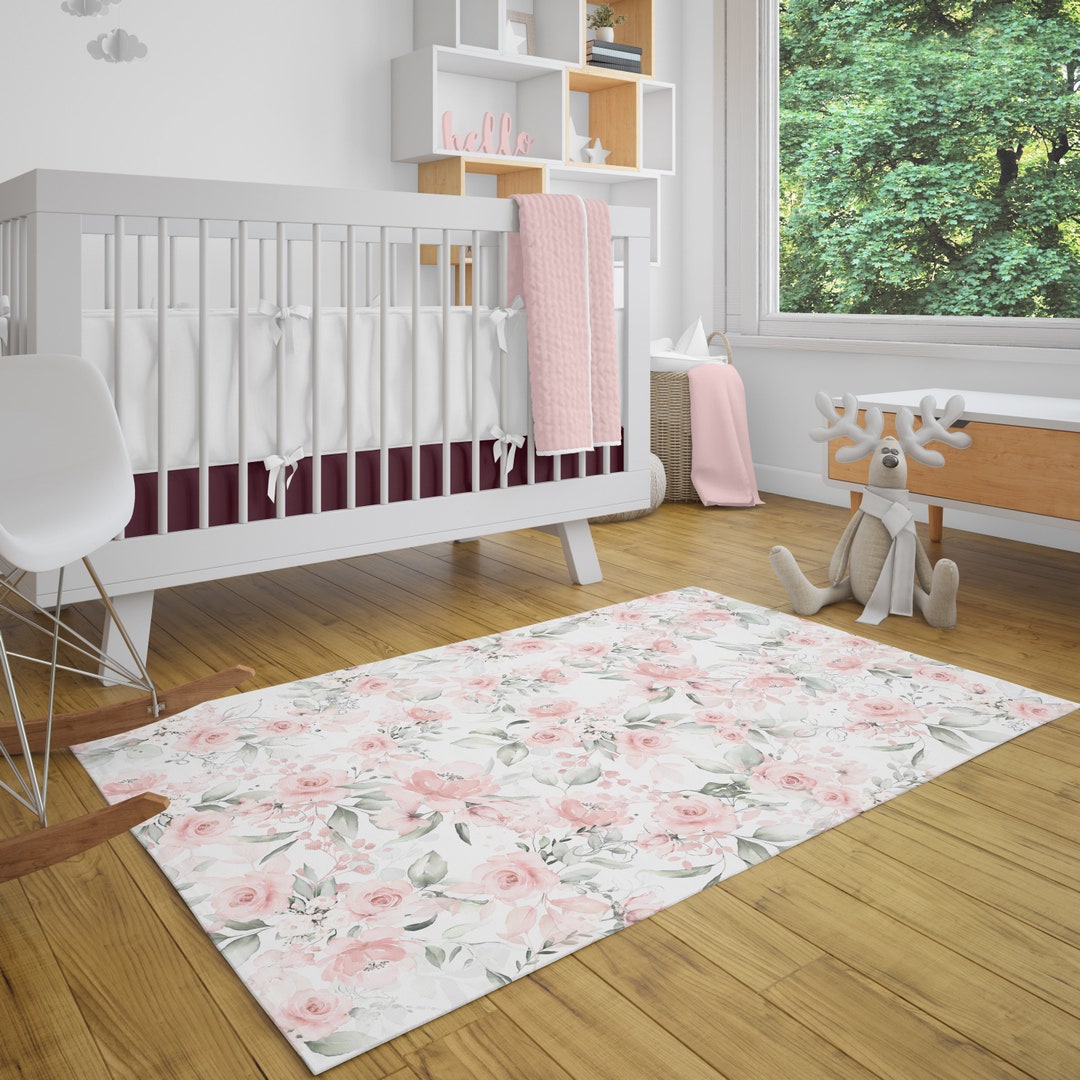 Pink Floral Rug, Blush Pink Gray Roses Carpet, Watercolor Flowers Girl ...