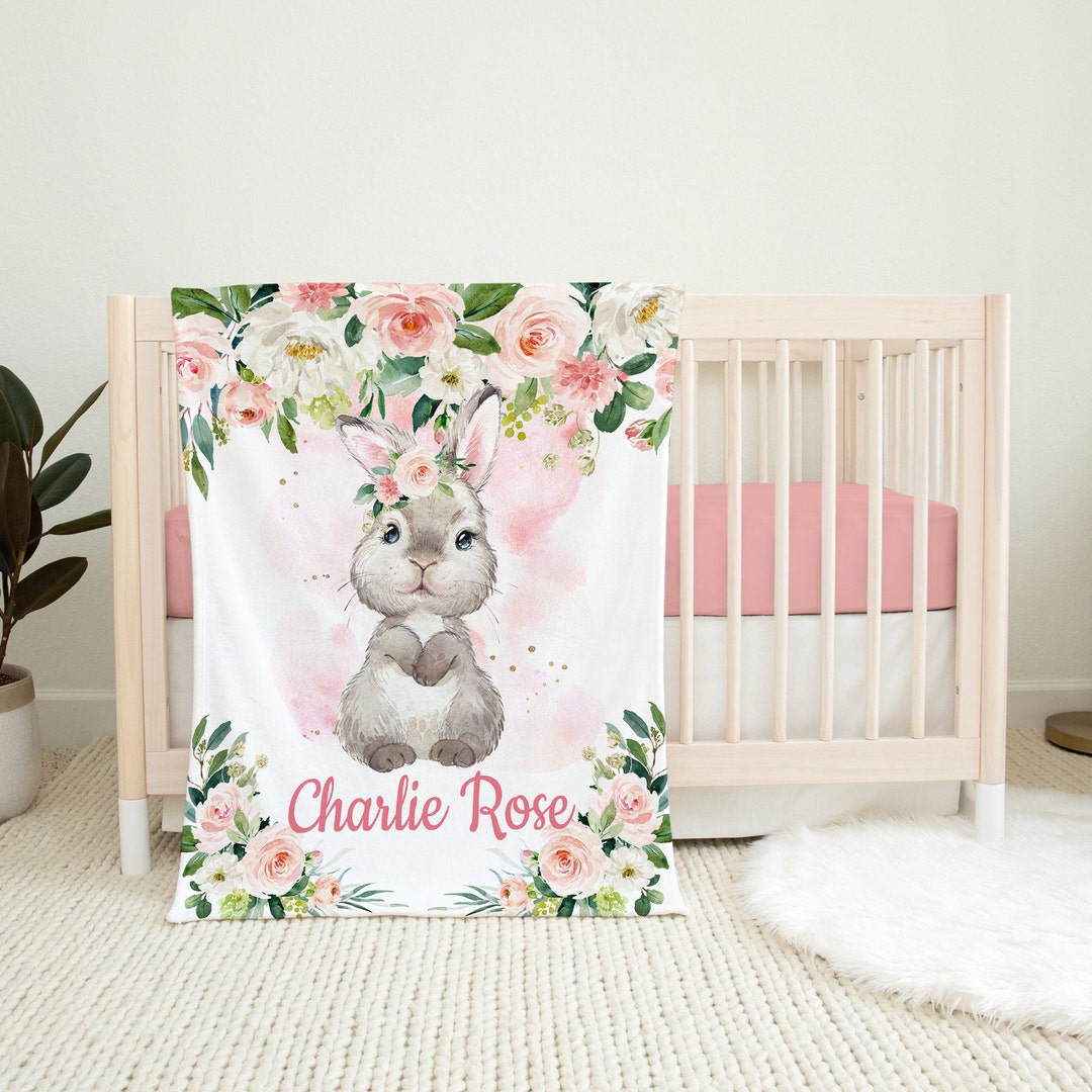 Bunny Rabbit Baby Girl Name Blanket Blush Pink Floral Roses Blanket ...