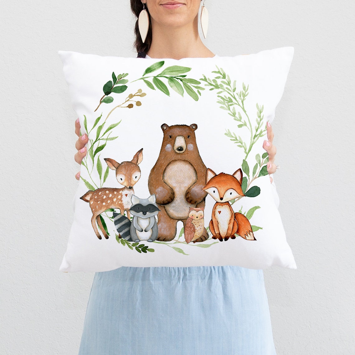 Woodland Animals Nursery Pillow, Animals Nursery Decor, Fox Bear Deer ...