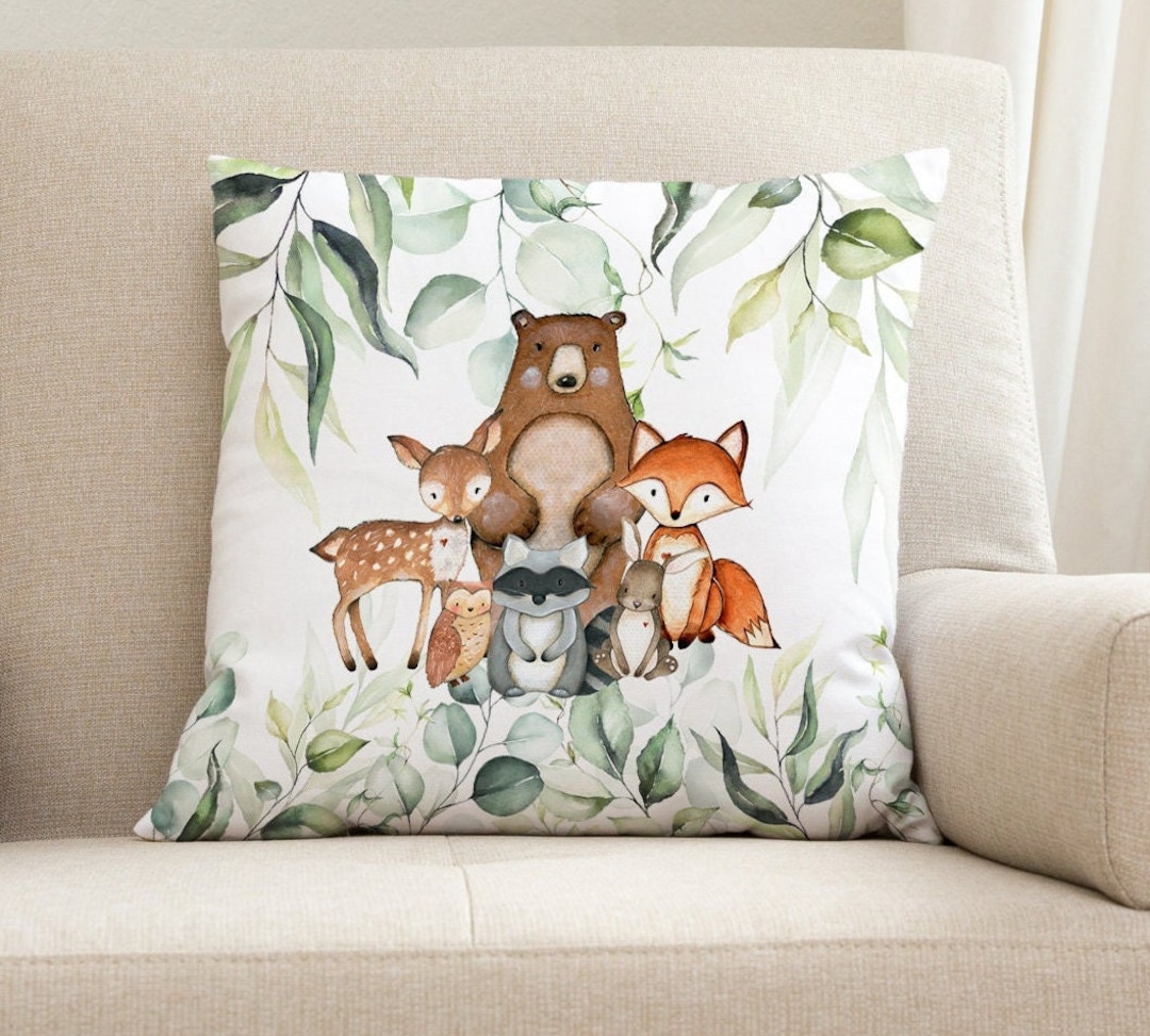Woodland Animals Nursery Throw Pillow Eucalyptus Green Leaves Forest ...