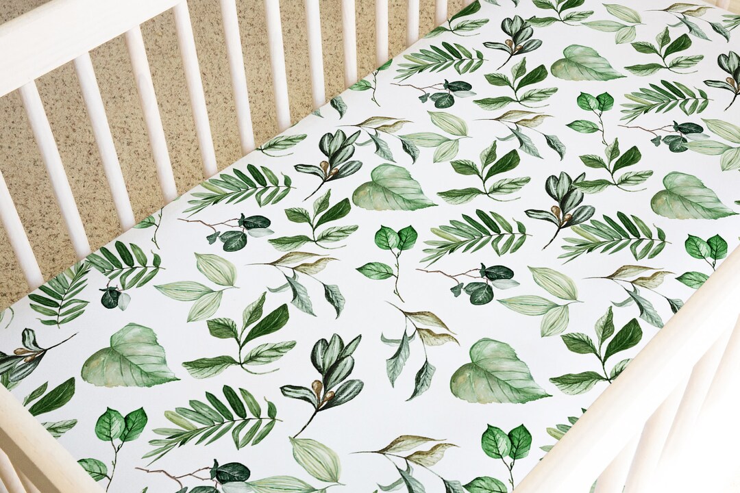 Green Leaves Crib Sheet, Greenery Tropical Leaves Forest Gender Nuetral ...