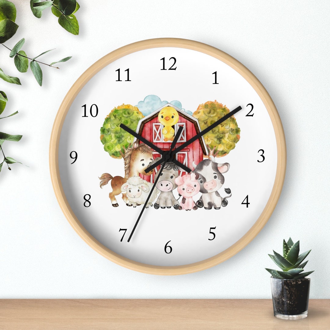 Farm Animals Nursery Wall Clock, Cow Pig Horse Chicken Sheep Barn Yard ...