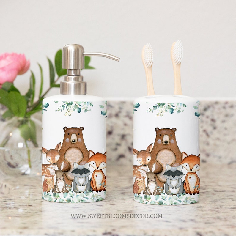 Woodland Animals Theme Toothbrush Holder and Soap Dispenser, Kids ...