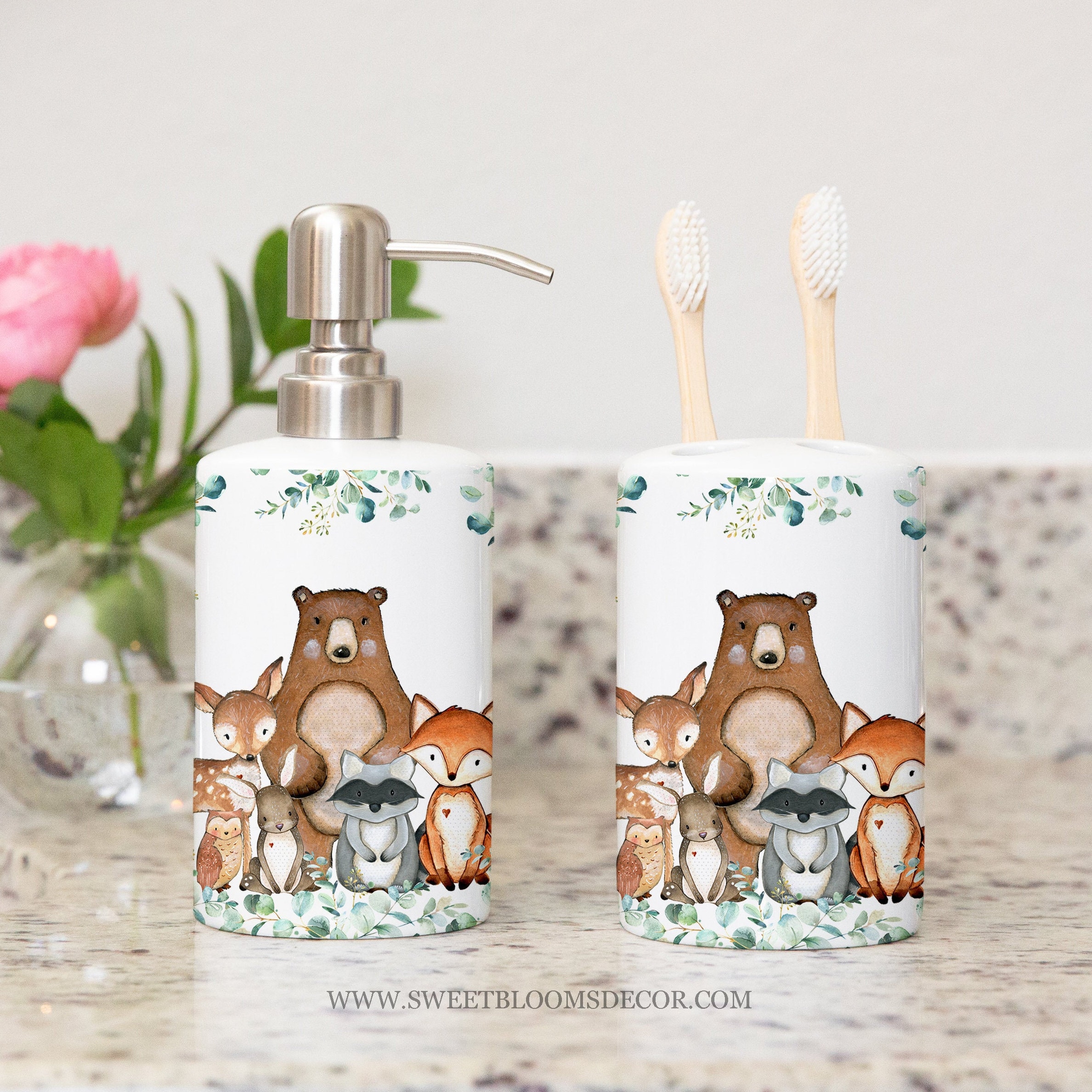 Woodland Animals Theme Toothbrush Holder and Soap Dispenser - Etsy UK