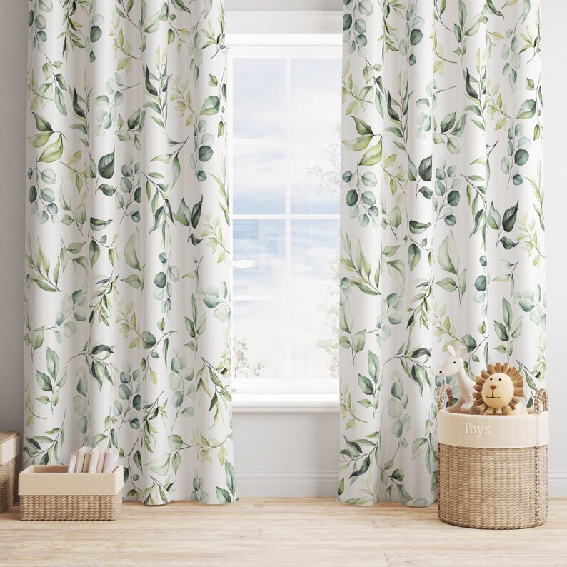 Green Leaves Window Curtains Nursery Drapes Eucalyptus - Etsy