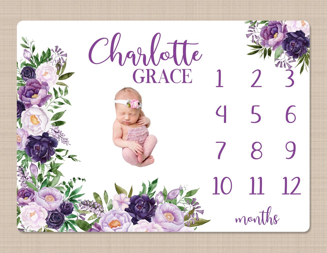 Purple Floral Milestone Blanket, Baby Girl Personalized Lavender Purple ...
