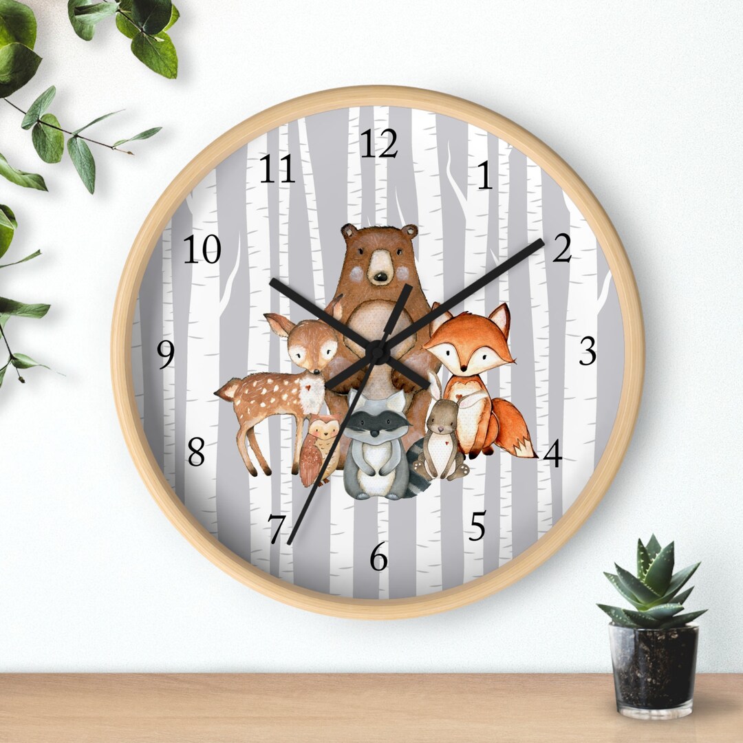 Woodland Animals Nursery Wall Clock, Watercolor Gray Birch Trees Forest ...
