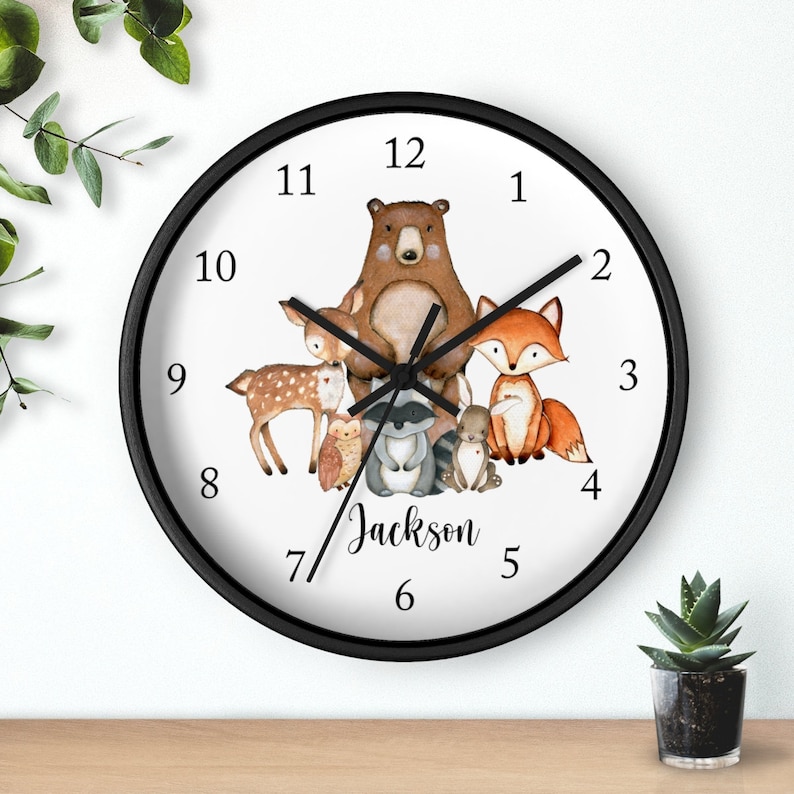 Woodland Animals Wall Clock Animals Name Nursery Wall Clock | Etsy