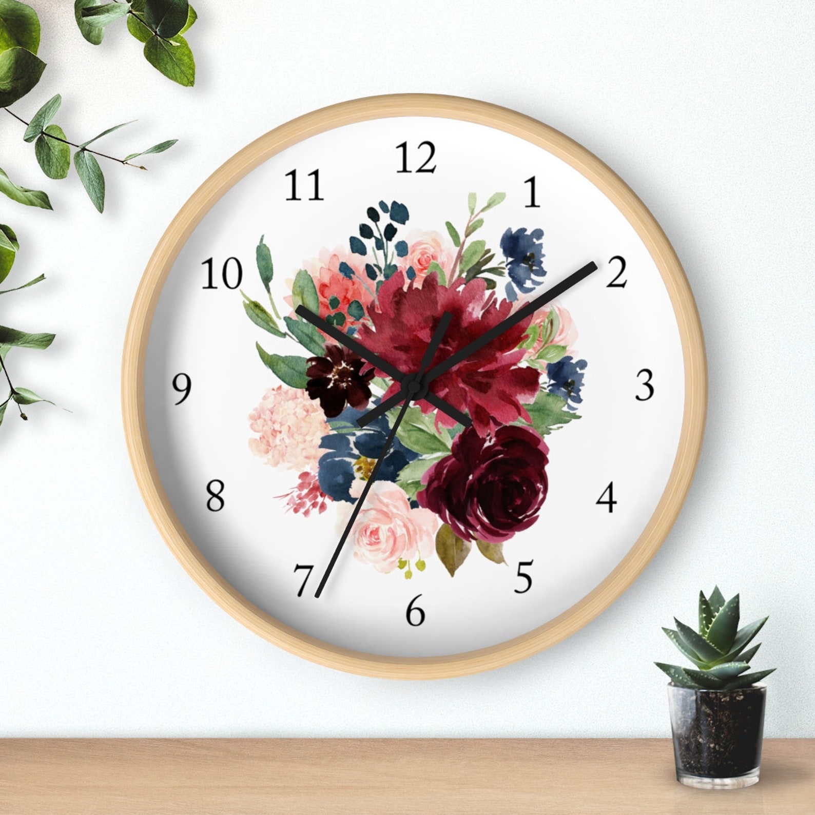 Floral Wall Clock Blush Pink Navy Blue Maroon Burgundy Red - Etsy