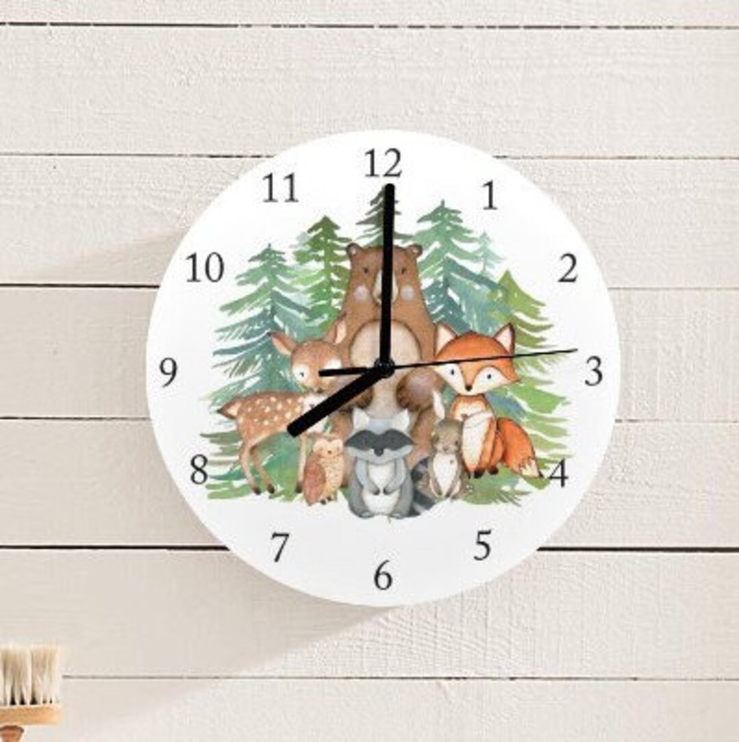 Woodland Animals Wall Clock, Watercolor Evergreens Pine Trees Forest ...