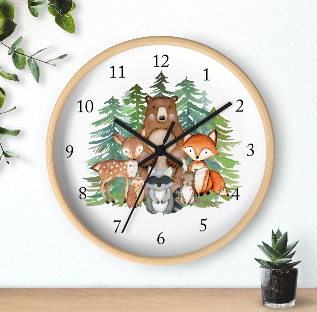 Woodland Animals Wall Clock, Watercolor Evergreens Pine Trees Forest ...