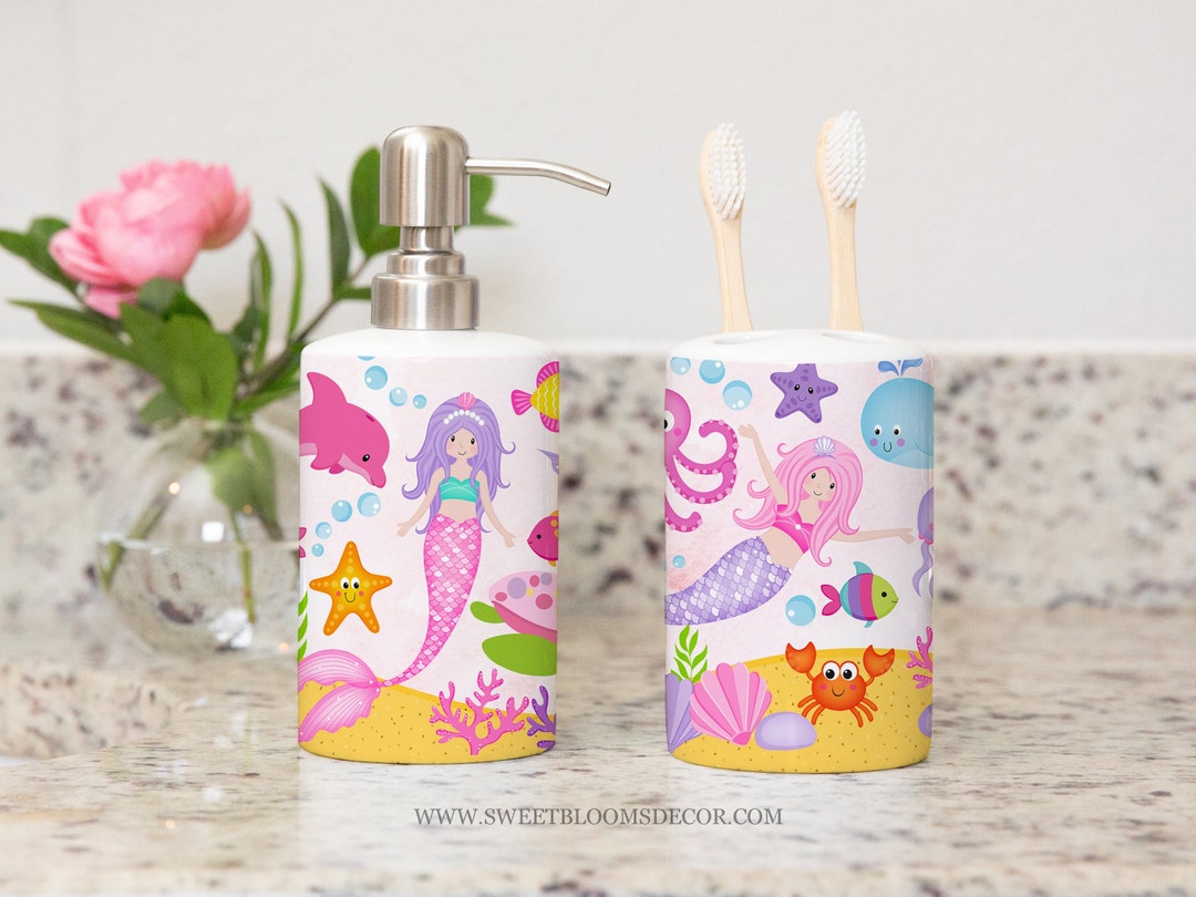 Sea Animals Mermaids Toothbrush Holder and Soap Dispenser Set, Kids ...