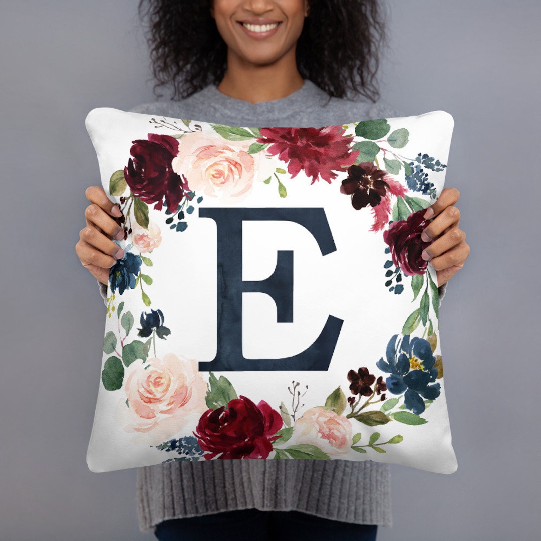 Burgundy Navy Floral Throw Pillow Blush Pink Flowers Leaves Wreath ...