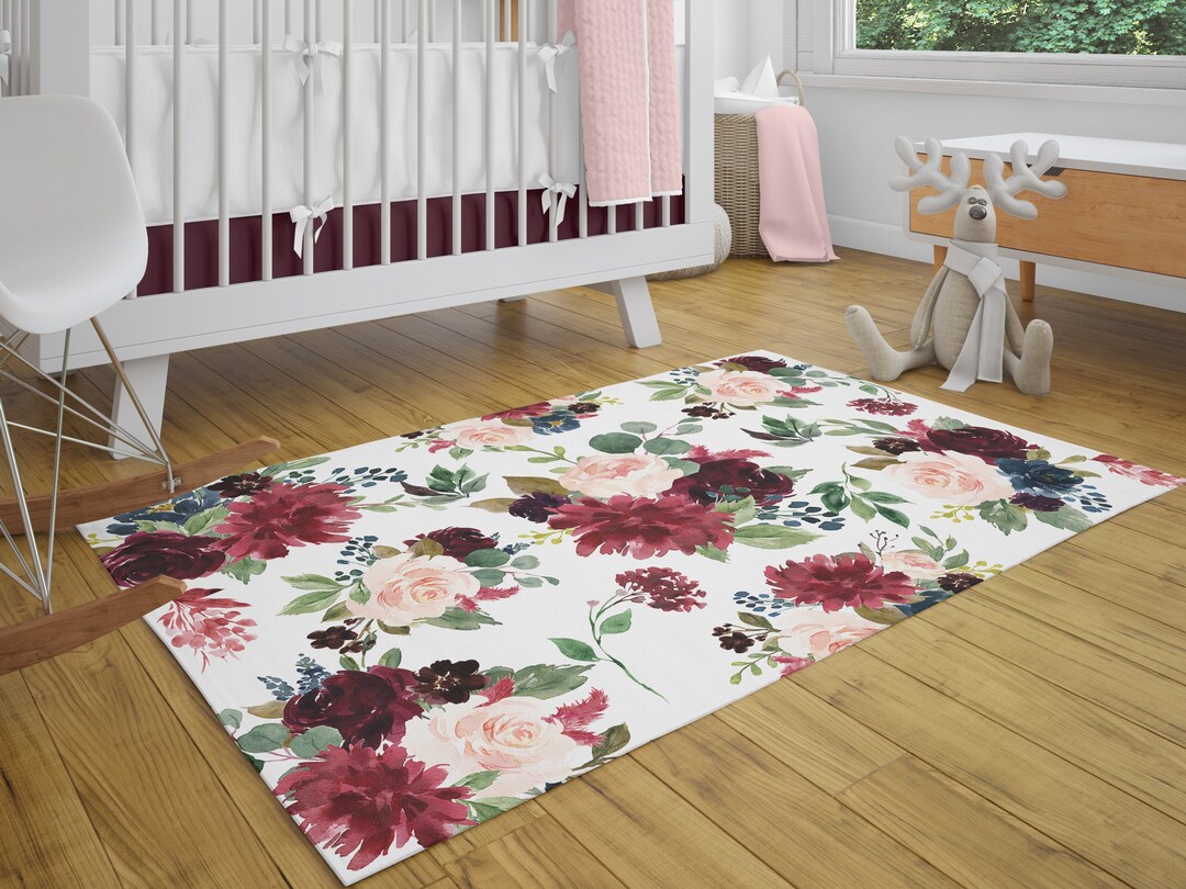 Floral Rug Burgundy Red Blush Pink Navy Blue Maroon Watercolor Flowers ...