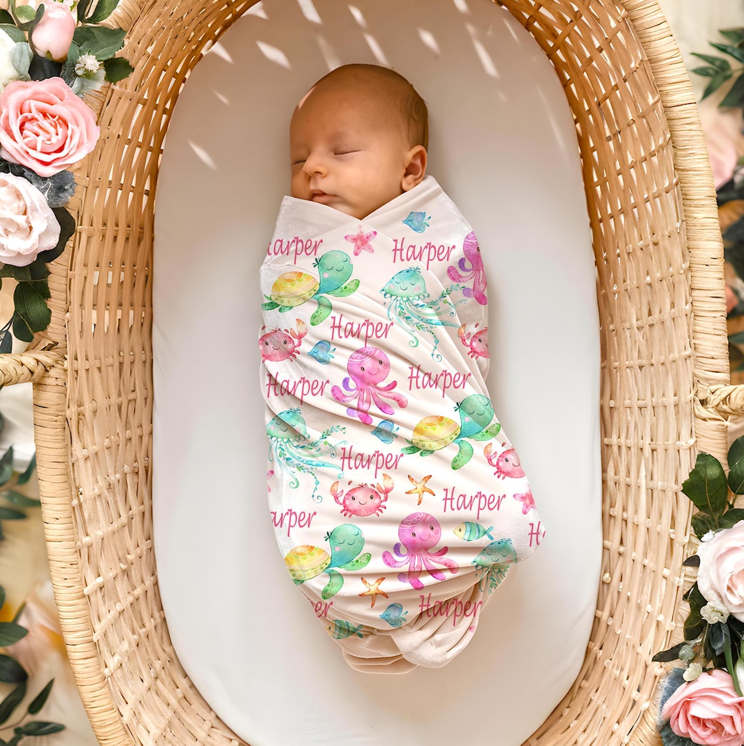 Sea Animals Baby Swaddle Blanket, Personalized Baby Girl Under the Sea ...