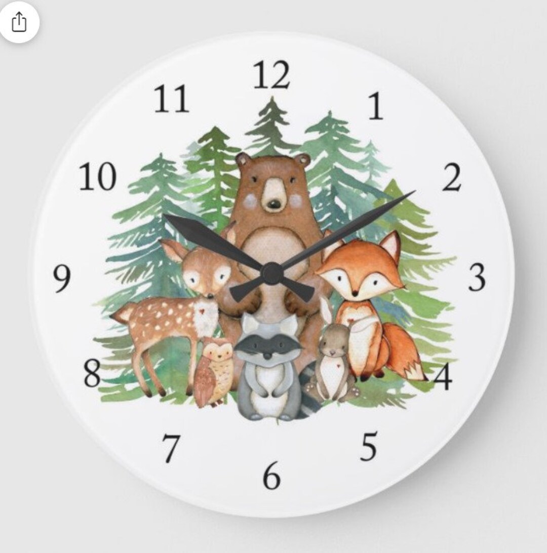 Woodland Animals Wall Clock, Watercolor Evergreens Pine Trees Forest ...