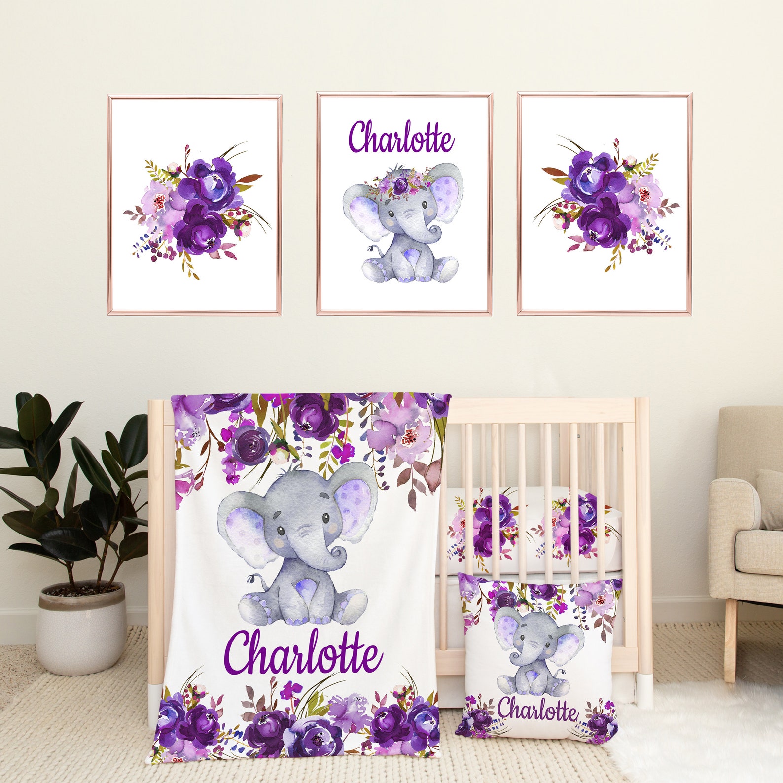 Elephant Purple Watercolor Floral Baby Girl Nursery Bedding Set:fitted ...