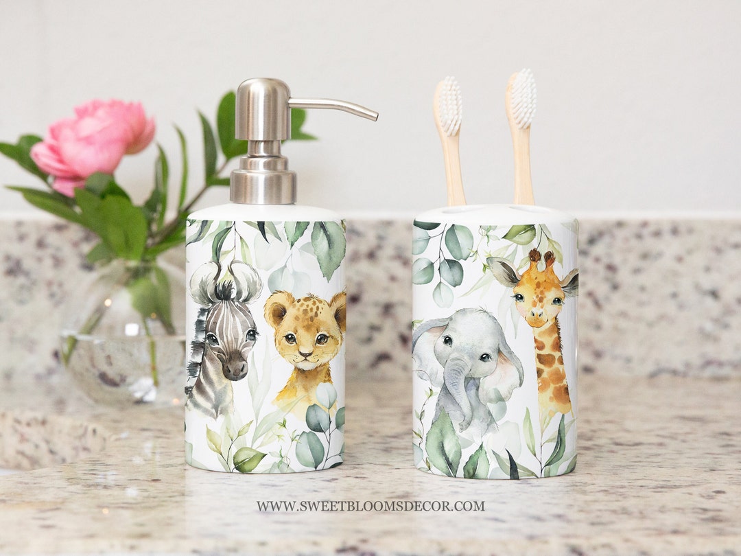 Safari Animals Toothbrush Holder and Soap Dispenser Set, Lion Elephant ...