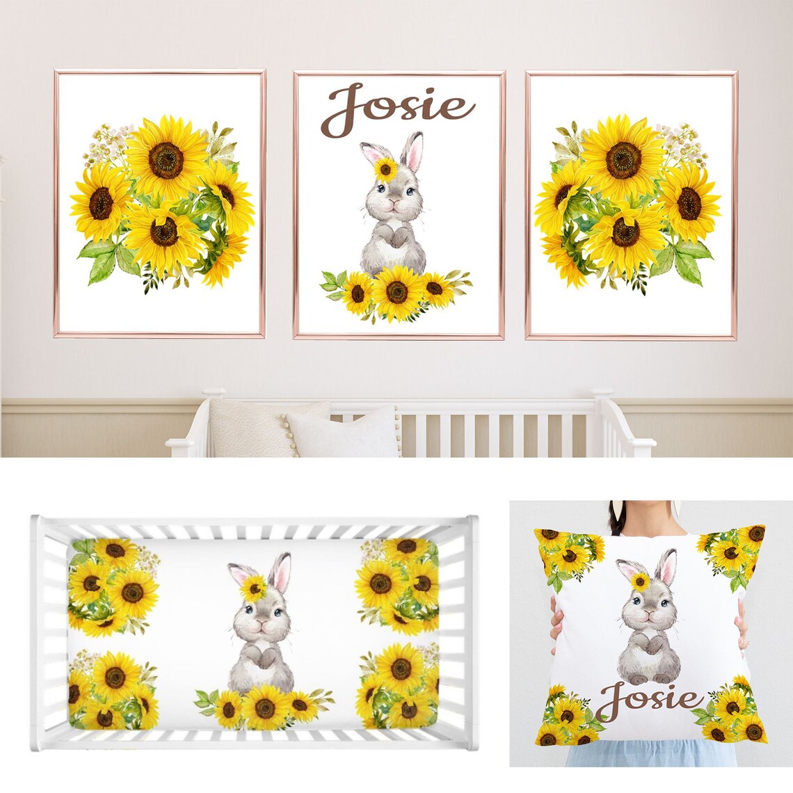 Sunflower Bunny Girl Nursery Decor Baby Shower Gift Set : Sheet,16x16 ...