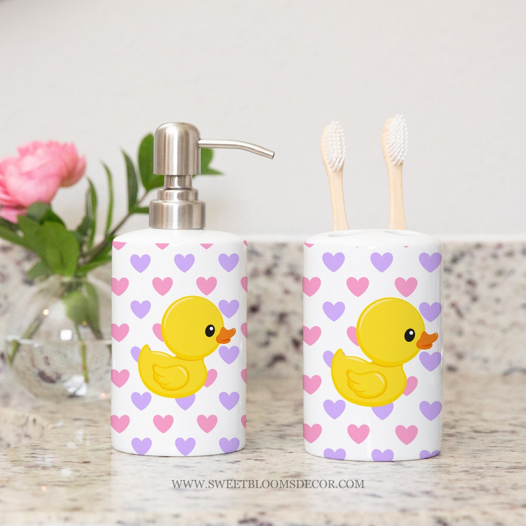 Duck Toothbrush Holder and Soap Dispenser Set, Purple Pink Hearts Kids ...