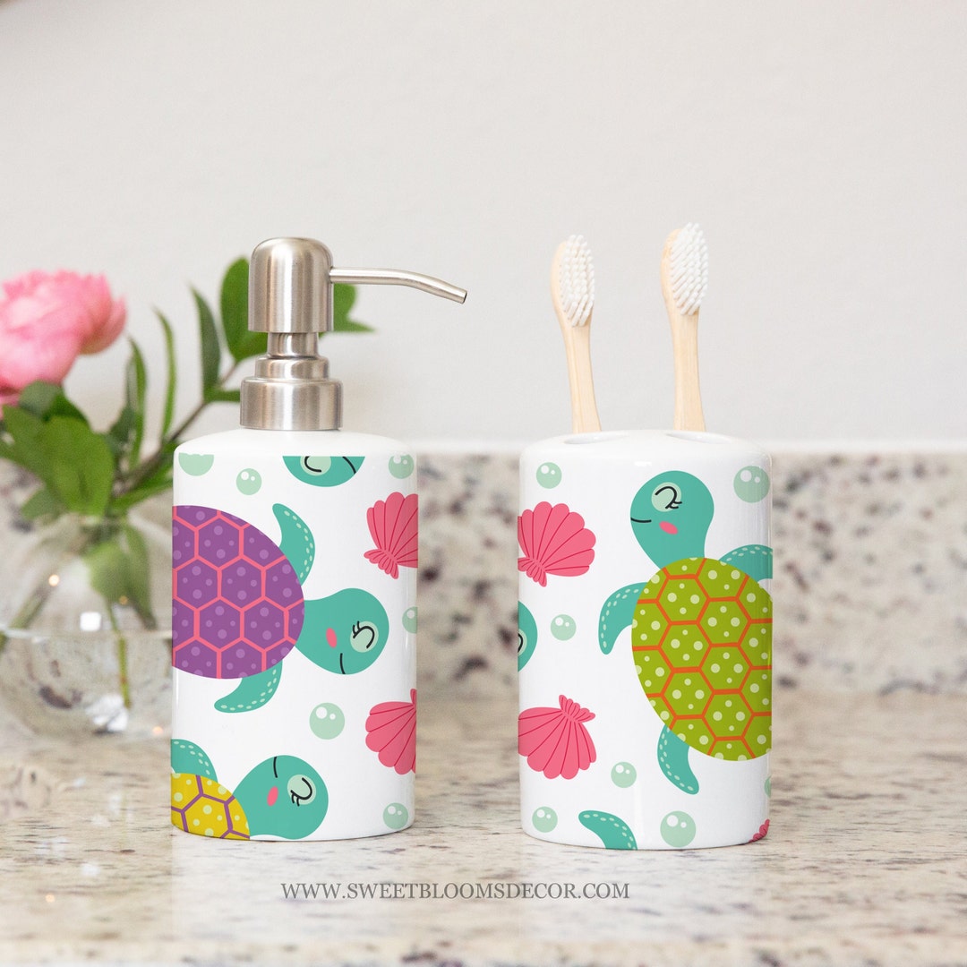 Turtles Toothbrush Holder and Soap Dispenser, Ceramic Bath Set Kids ...